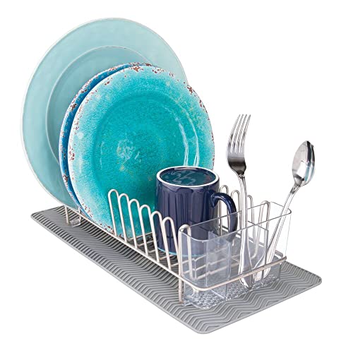 mDesign Steel Sink Dish Drying Rack/Dish Drainer Storage Organizer w/Wire Drainer, Drying Mat for Kitchen Counter, Easy Drain/Dry Dishes, Plate, Utensil - Concerto Collection, Set of 2 - Satin/Gray