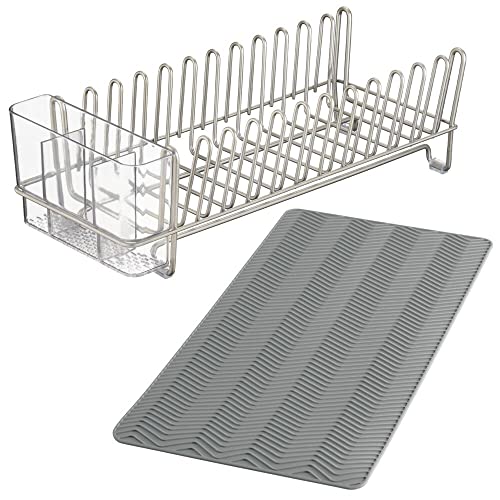 mDesign Steel Sink Dish Drying Rack/Dish Drainer Storage Organizer w/Wire Drainer, Drying Mat for Kitchen Counter, Easy Drain/Dry Dishes, Plate, Utensil - Concerto Collection, Set of 2 - Satin/Gray