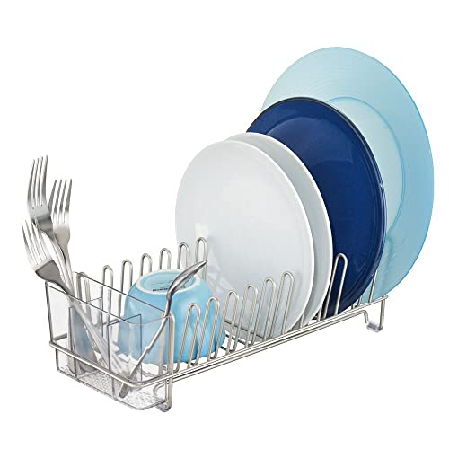 mDesign Steel Sink Dish Drying Rack/Dish Drainer Storage Organizer w/Wire Drainer, Drying Mat for Kitchen Counter, Easy Drain/Dry Dishes, Plate, Utensil - Concerto Collection, Set of 2 - Satin/Gray