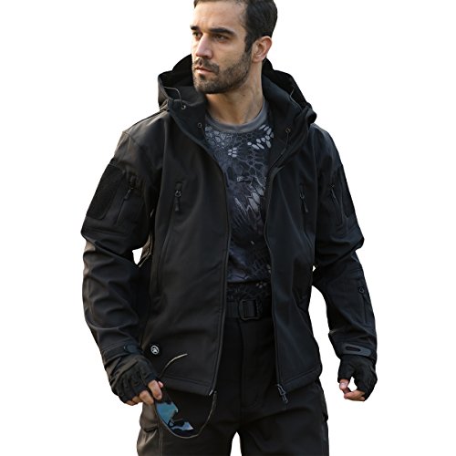 ReFire Gear Mens Army Special Ops Military Tactical Jacket Softshell Fleece Hooded Outdoor Coat,Black,X-Large