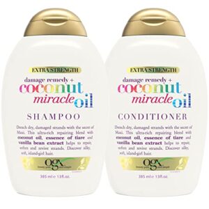 ogx extra strength damage remedy + coconut miracle oil shampoo & conditioner set, 13 fl. oz. (pack of 2)