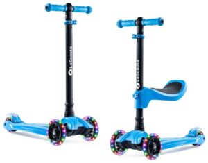 lascoota 2-in-1 kids kick scooter, adjustable height handlebars and removable seat, 3 led lighted wheels and anti-slip deck, for boys & girls aged 3-12 and up to 100 lbs.