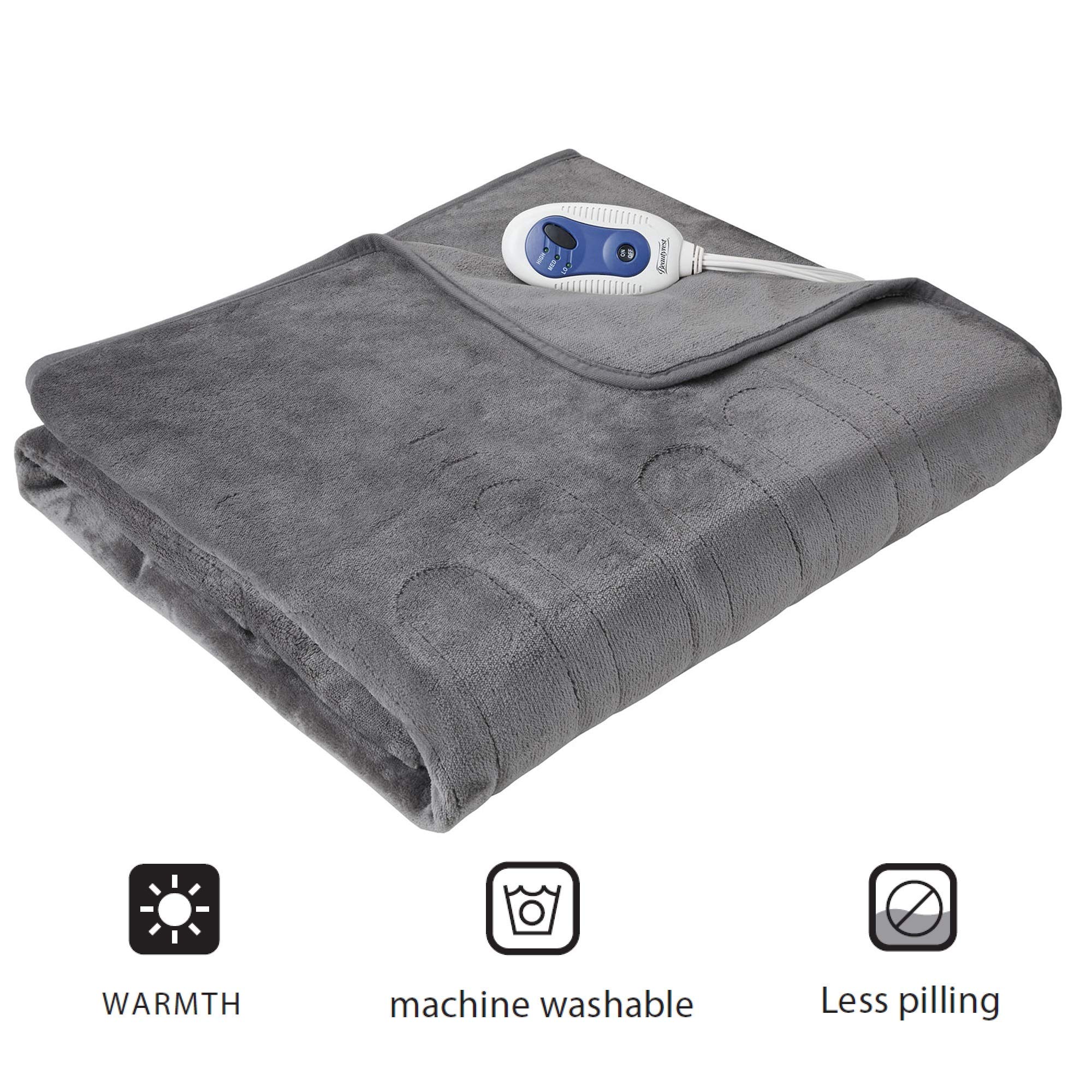 Beautyrest Foot Pocket Soft Microlight Plush Electric Blanket Heated Throw Wrap with Auto Shutoff, 50x62, Grey