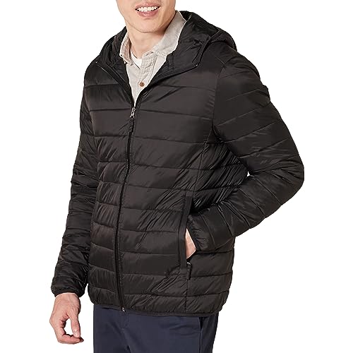 Amazon Essentials Men's Lightweight Water-Resistant Packable Hooded Puffer Jacket, Black, Large