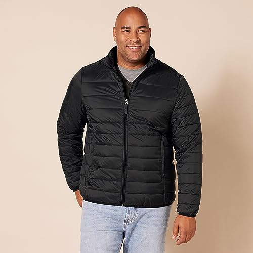 Amazon Essentials Men's Packable Lightweight Water-Resistant Puffer Jacket (Available in Big & Tall), Black, Large