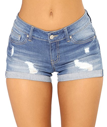 Govc Women Casual Summer Mid Waist Stretchy Denim Jean Shorts Junior Short Jeans(Light Blue,L)