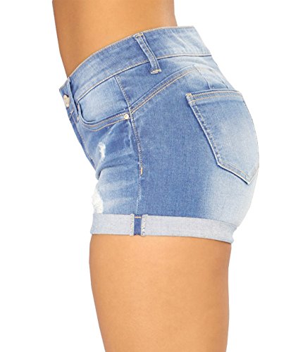 Govc Women Casual Summer Mid Waist Stretchy Denim Jean Shorts Junior Short Jeans(Light Blue,L)