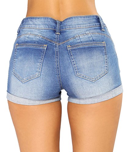 Govc Women Casual Summer Mid Waist Stretchy Denim Jean Shorts Junior Short Jeans(Light Blue,L)