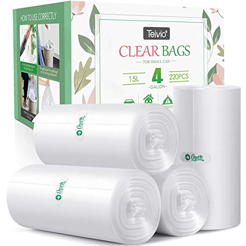 4 Gallon 220 Counts Strong Trash Bags Garbage Bags, Bathroom Trash Can Bin Liners, Small Plastic Bags for home office kitchen, fit 12-15 Liter, 3,3.5,4.5 Gal, Clear