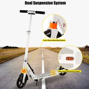 Kids/Adult Scooter with 3 Seconds Easy-Folding System, 220lb Folding Adjustable Scooter with Foot Brake and 200mm Large Wheels (White)