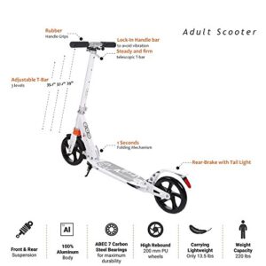 Kids/Adult Scooter with 3 Seconds Easy-Folding System, 220lb Folding Adjustable Scooter with Foot Brake and 200mm Large Wheels (White)