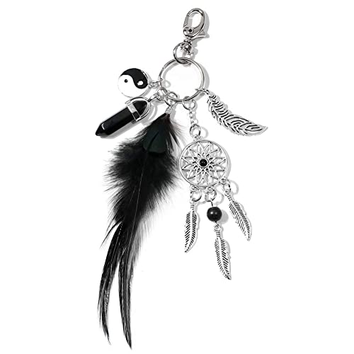 Artilady Boho Keychains For Women Keyrings - Cute Bag Charm For Backpack, Birthday Gifts for women, girls, kids (feather black)