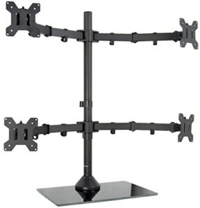 vivo black adjustable quad monitor desk stand mount, free standing heavy duty glass base, holds 4 screens up to 27 inches, stand-v004fg