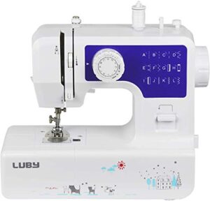 luby sewing machine with 12 built-in stitches & free arm, portable, lightweight, suitable for small projects, blue