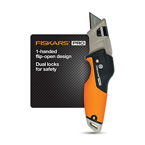 Fiskars 770030-1001 Pro, Retractable, Box Cutter, for Crafts, Work Gear, Moving, Folding Utility Knife, Orange/Black