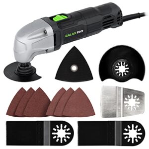 galax pro 22000 opm 1.5a oscillating multi tool, 3 degree oscillating angle with 3 pieces saw blades, 1 piece semi circle blade sanding plate, 6 pieces sanding papers for sanding, grinding