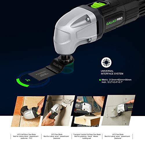 GALAX PRO 22000 OPM 1.5A Oscillating Multi Tool, 3 Degree Oscillating Angle with 3 Pieces Saw Blades, 1 Piece Semi Circle Blade Sanding Plate, 6 Pieces Sanding Papers for Sanding, Grinding