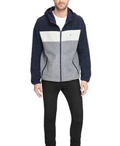 tommy hilfiger men's hooded polar fleece jacket, navy/white/light grey, large