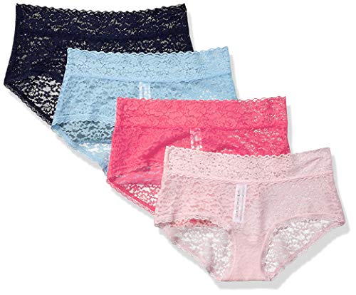 Amazon Essentials Women's Lace Stretch Hipster Underwear, Pack of 4, Blue/Pink, Large