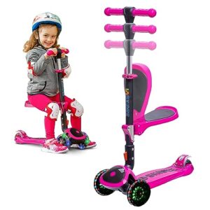 kick scooters for kids ages 3-5 (suitable for 2-12 year old) adjustable height foldable scooter removable seat, 3 led light wheels, rear brake, wide standing board, outdoor activities for boys/girls