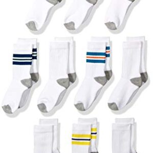 Amazon Essentials Boys' Cotton Crew Gym Socks, 10 Pairs, White Stripe, Medium