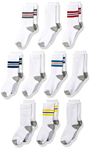 Amazon Essentials Boys' Cotton Crew Gym Socks, 10 Pairs, White Stripe, Medium