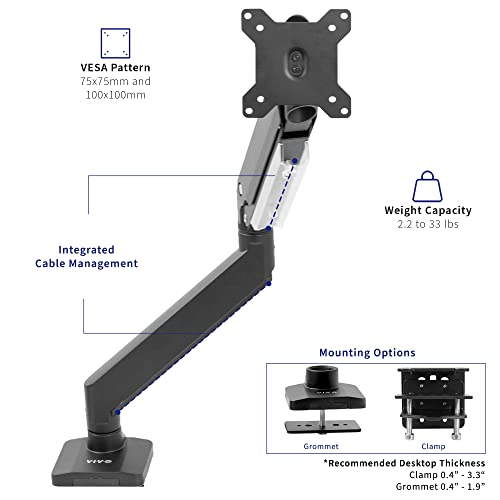 VIVO Premium Aluminum Heavy Duty Monitor Arm for Ultrawide Monitors up to 49 inches and 33 lbs, Single Desk Mount Stand, Pneumatic Height, Max VESA 100x100, Black, STAND-V101G1