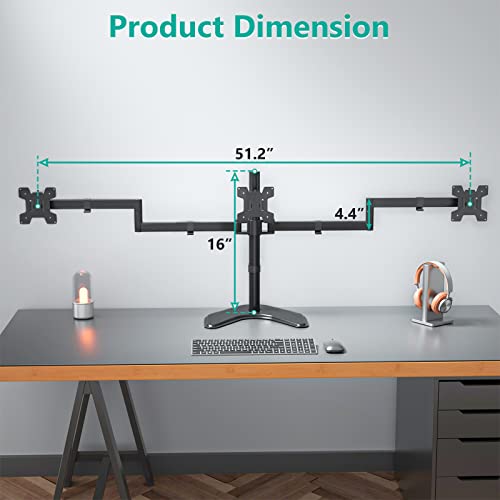 WALI Free Standing Triple LCD Monitor Fully Adjustable Desk Mount Fits 3 Screens up to 27 inch, 22 lbs. Weight Capacity per Arm (MF003), Black