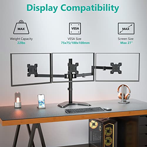 WALI Free Standing Triple LCD Monitor Fully Adjustable Desk Mount Fits 3 Screens up to 27 inch, 22 lbs. Weight Capacity per Arm (MF003), Black