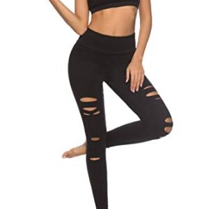 DIBAOLONG Womens High Waist Yoga Pants Cutout Ripped Tummy Control Workout Running Yoga Skinny Leggings Black L