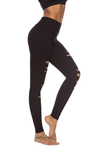 DIBAOLONG Womens High Waist Yoga Pants Cutout Ripped Tummy Control Workout Running Yoga Skinny Leggings Black L