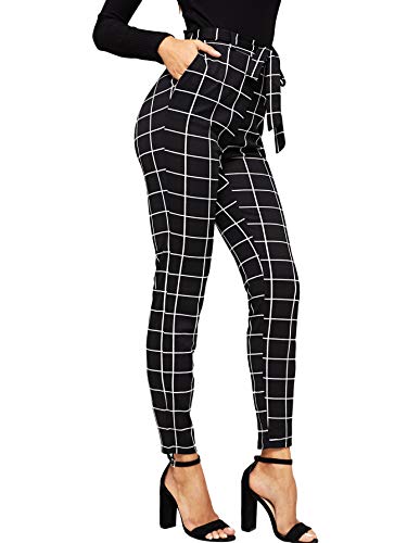 WDIRARA Women's Stretchy Plaid Print Pants Soft Skinny Regular Fashion Leggings Black-2 M