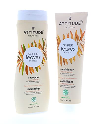 ATTITUDE Super Leaves Volume Shine Shampoo Conditioner- Soy Protein & Cranberries Bundle with Vitamin B5 Watercress Indian Cress, Raspberry, 16 Fl Oz and 8 oz, 2 count