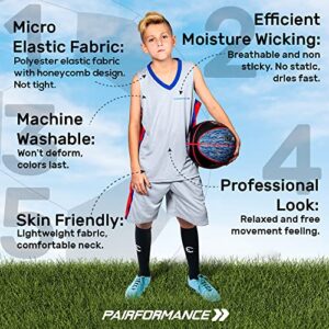 PAIRFORMANCE Boys Basketball Jerseys Shirt Sports Shirts and Athletic Shorts Set for Youth Kids Age 6-12 Team Uniforms -Bask-Grey-M