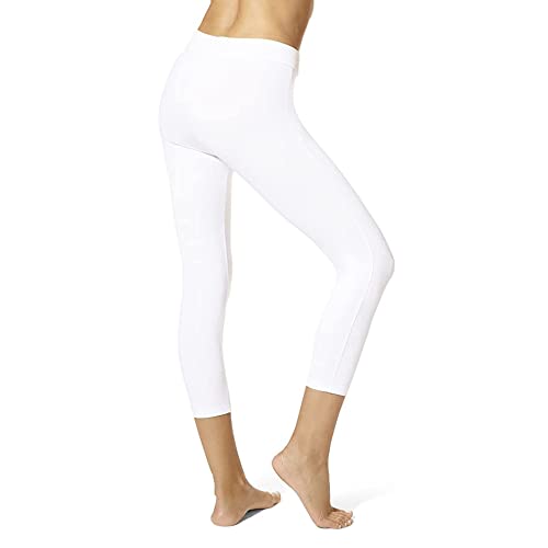 HUE Women's Wide Waistband Blackout Cotton Capri Leggings, Assorted, White, L