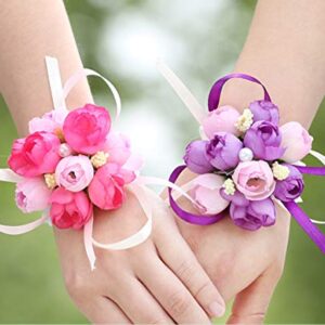 Charmly 4 Pcs Wrist Flower Wrist Corsage Hand Flower for Bride Bridesmaid Party Prom Purple