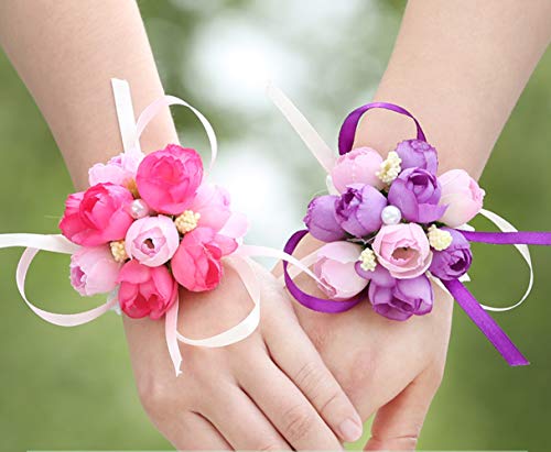 Charmly 4 Pcs Wrist Flower Wrist Corsage Hand Flower for Bride Bridesmaid Party Prom Purple