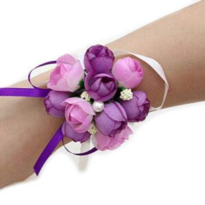 Charmly 4 Pcs Wrist Flower Wrist Corsage Hand Flower for Bride Bridesmaid Party Prom Purple