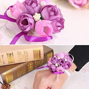 Charmly 4 Pcs Wrist Flower Wrist Corsage Hand Flower for Bride Bridesmaid Party Prom Purple