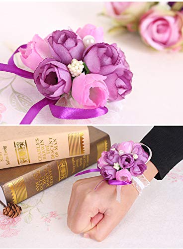 Charmly 4 Pcs Wrist Flower Wrist Corsage Hand Flower for Bride Bridesmaid Party Prom Purple