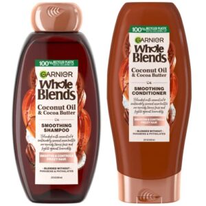 garnier whole blends coconut oil & cocoa butter smoothing shampoo and conditioner set for frizzy hair, 22 fl oz (2 items), 1 kit (packaging may vary)