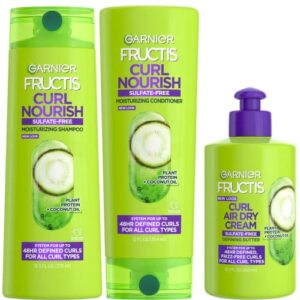 garnier fructis curl nourish sulfate free moisturizing shampoo, conditioner + air dry cream defining butter set (3 items), 1 kit (packaging may vary)