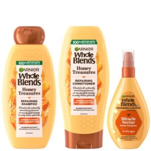 garnier whole blends honey treasures repairing shampoo, conditioner + miracle nectar leave-in set for dry, damaged hair (3 items), 1 kit (packaging may vary)