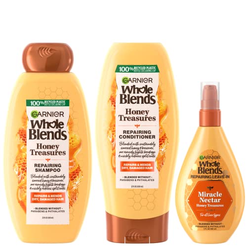 Garnier Whole Blends Honey Treasures Repairing Shampoo, Conditioner + Miracle Nectar Leave-In Set for Dry, Damaged Hair (3 Items), 1 Kit (Packaging May Vary)