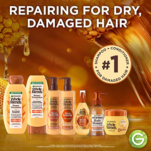 Garnier Whole Blends Honey Treasures Repairing Shampoo, Conditioner + Miracle Nectar Leave-In Set for Dry, Damaged Hair (3 Items), 1 Kit (Packaging May Vary)