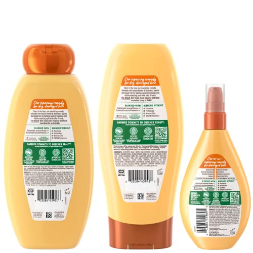 Garnier Whole Blends Honey Treasures Repairing Shampoo, Conditioner + Miracle Nectar Leave-In Set for Dry, Damaged Hair (3 Items), 1 Kit (Packaging May Vary)