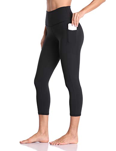 Colorfulkoala Women's High Waisted Yoga Capris 21" Inseam Leggings with Pockets (L, Black)