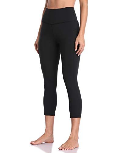 Colorfulkoala Women's High Waisted Yoga Capris 21" Inseam Leggings with Pockets (L, Black)