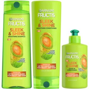 garnier fructis sleek & shine shampoo, conditioner + leave-in conditioer set for frizzy, dry hair, plant keratin + argan oil (3 items), 1 kit (packaging may vary)