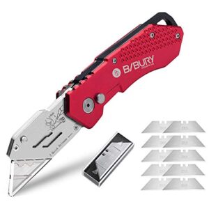 utility knife, bibury upgraded version heavy duty box cutter, pocket carpet knife with 10 replaceable sk5 stainless steel blades, belt clip, easy release button, quick change and safety lock-red